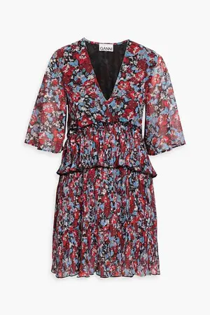 GANNI Pleated Printed Crepe De Chine Mini Dress