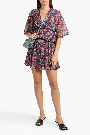 GANNI Pleated Printed Crepe De Chine Mini Dress
