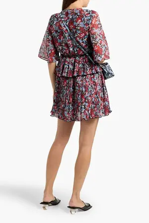 GANNI Pleated Printed Crepe De Chine Mini Dress