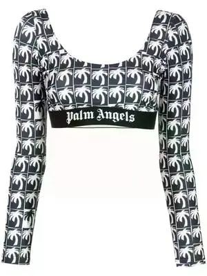 Palm Angels Palm-print Cropped Top - Black
