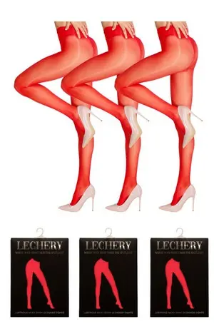LECHERY® 3 Pairs Of Glossy Sheer Tights - Red