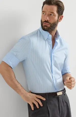 Brunello Cucinelli Striped Poplin Shirt - Azure