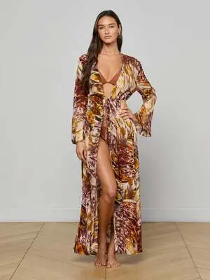 L'Agence Janus Cover-up Robe - Tan Watercolor Feathers