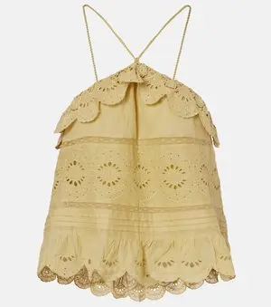 MARANT ETOILE Embroidered Ruffled Halterneck Cotton Top - Yellow