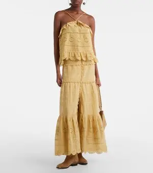 MARANT ETOILE Embroidered Ruffled Halterneck Cotton Top - Yellow