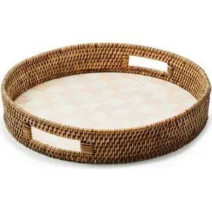 MACKENZIE-CHILDS Check Enameled Steel & Rattan Round Tray - Rosy