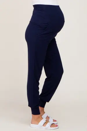 PINKBLUSH Maternity Band Jogger Pants - Navy Blue