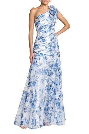 Mac Duggal Printed Chiffon One Shoulder Ruffle Gown - Blue Multi