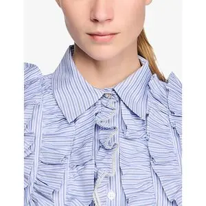 Sandro Ruffled Striped Cotton Shirt