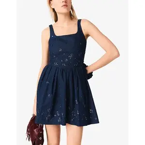 Maje Flared Sequin-embroidered Denim Dress