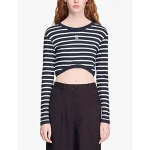Sandro Striped Cropped Cotton-jersey T-shirt - Marine / Blanc