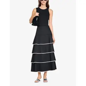 Sandro Ruffled Rhinestone-trimmed Cotton Maxi Skirt