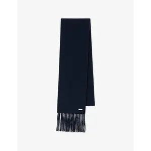 Sandro Logo-plaque Fringed Wool Scarf - Navy Blue