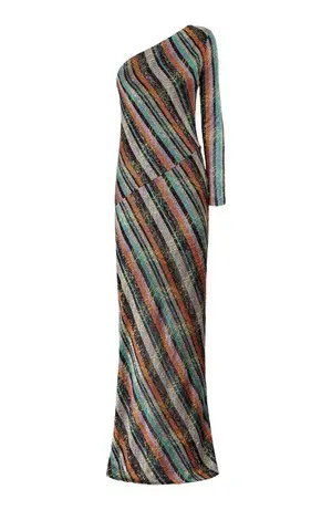 Missoni One-shoulder Long Dress In Irregular Zig Zag Knit With Sequins