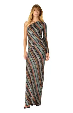Missoni One-shoulder Long Dress In Irregular Zig Zag Knit With Sequins