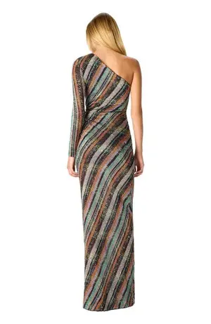 Missoni One-shoulder Long Dress In Irregular Zig Zag Knit With Sequins