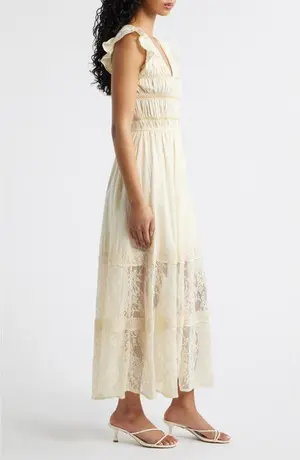 Moon River Lace Embroidered Ruffle Sleeve Midi Dress