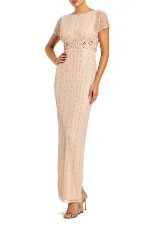 Mac Duggal Beaded Blouson Short Sleeve Column Gown - Rose