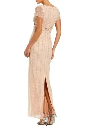 Mac Duggal Beaded Blouson Short Sleeve Column Gown - Rose