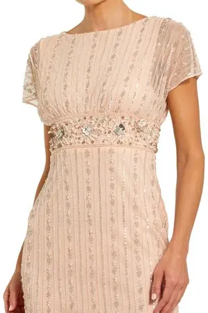 Mac Duggal Beaded Blouson Short Sleeve Column Gown - Rose