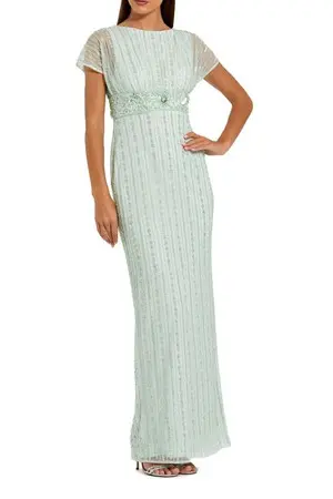 Mac Duggal Beaded Blouson Short Sleeve Column Gown - Sage