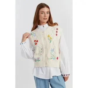 Chinti & Parker Hand-embroidered Floral Cotton Knit Vest - Cream