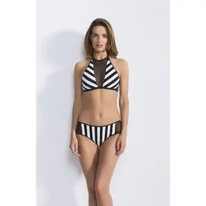 NESSI BYRD Striped High-neck Bikini Set With Mesh Insets - Black-white