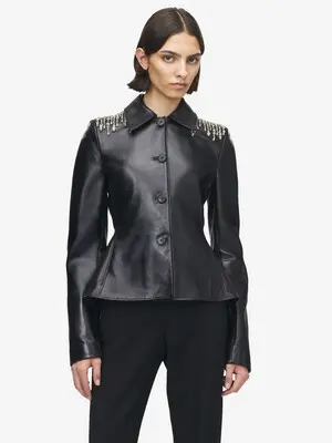 Alexander McQueen Crystal Embroidery Leather Peplum Jacket