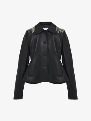 Alexander McQueen Crystal Embroidery Leather Peplum Jacket