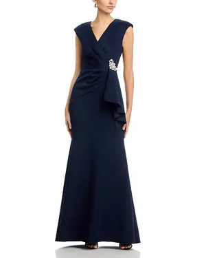 Eliza J Extended Shoulder Drape Front Gown