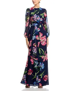 Eliza J Long Sleeve Floral Cascade Ruffle Gown
