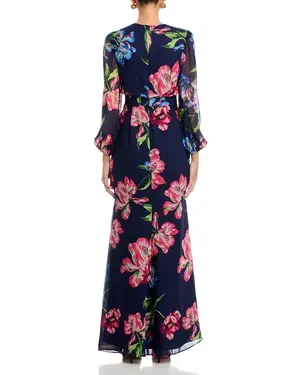 Eliza J Long Sleeve Floral Cascade Ruffle Gown
