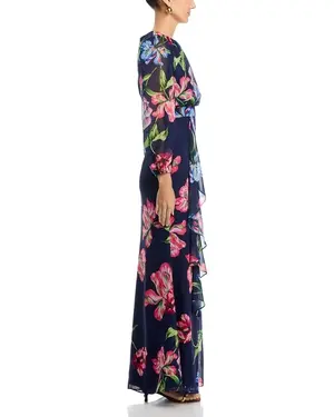 Eliza J Long Sleeve Floral Cascade Ruffle Gown