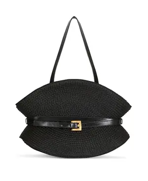 Balmain Shuffle Medium Bag In Calfskin Leather And Raffia - Black