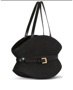 Balmain Shuffle Medium Bag In Calfskin Leather And Raffia - Black