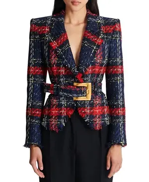Balmain Belted Plaid Tweed Jacket - Red
