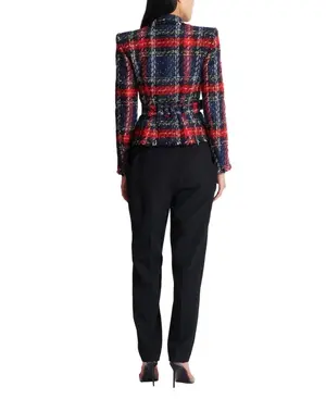 Balmain Belted Plaid Tweed Jacket