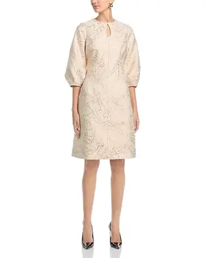 Rickie Freeman For Teri Jon Metallic Jacquard Three Quarter Sleeve Dress