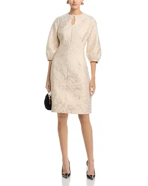 Rickie Freeman For Teri Jon Metallic Jacquard Three Quarter Sleeve Dress