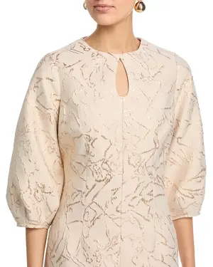 Rickie Freeman For Teri Jon Metallic Jacquard Three Quarter Sleeve Dress