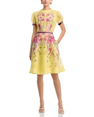 Rickie Freeman For Teri Jon Silken Linen Floral Print Short Sleeve Dress - Yellow Multi