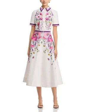 Rickie Freeman For Teri Jon Cotton Floral Print Shirtwaist Dress - Ivory Multi