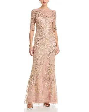 Rickie Freeman For Teri Jon Art Deco Beaded Tulle Gown