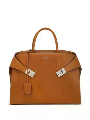 FERRAGAMO Leather Tote Bag With Gancini Buckles - Brown