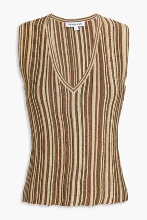 Veronica Beard Sid Metallic Striped Ribbed-knit Top
