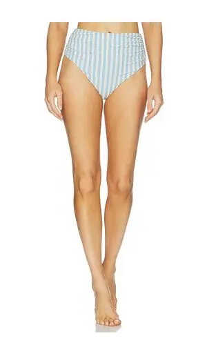 Simkhai Teya High Waisted Ruched Bikini Bottom - Hydrangea Blue Stripe