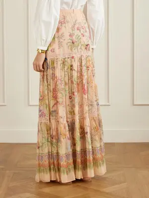 Etro Tiered Pleated Lace-trimmed Printed Silk Maxi Skirt