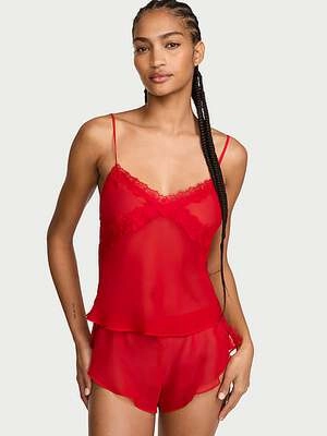 Victoria's Secret Satin Lace-trim Cami & Flutter Short Set - Red