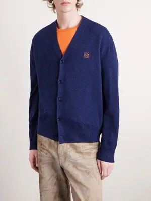 Loewe Logo-embroidered Wool-blend Cardigan - Blue