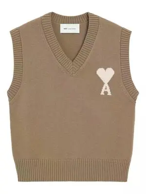 AMI Paris Wool-cotton Blend V-neck Vest With De Coeur Intarsia - Neutrals